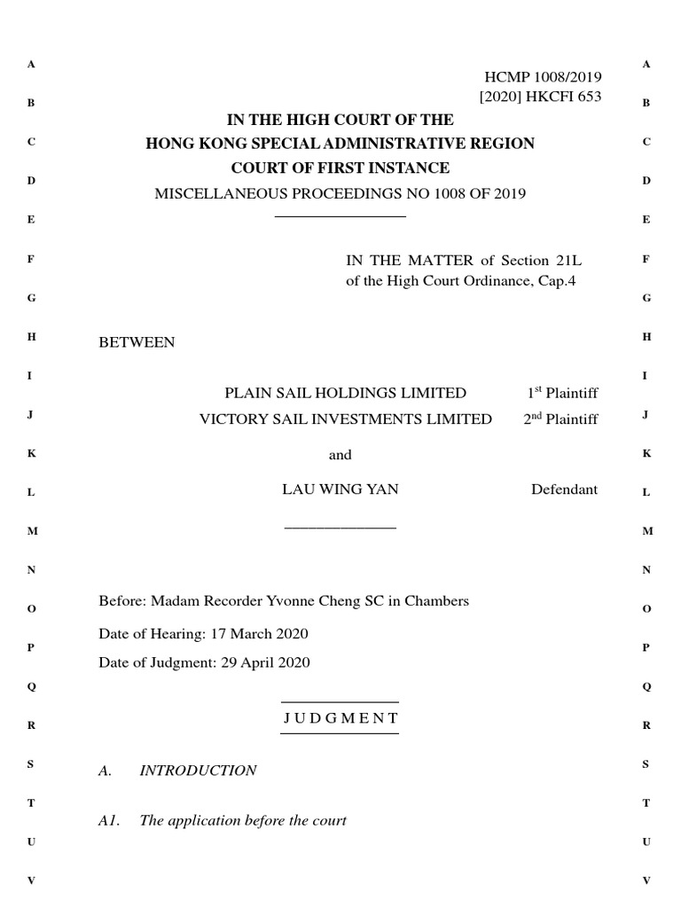 Plain Sail Holdings LTD Anor V Lau Wing Yan (2019) HCMP 1008 2019 | PDF | Liquidation | Jurisdiction