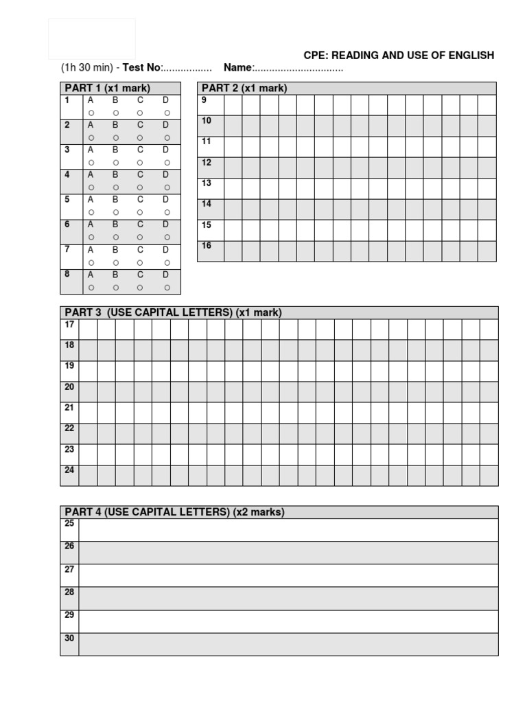 Cpe Reading and Use Answer Sheet | PDF