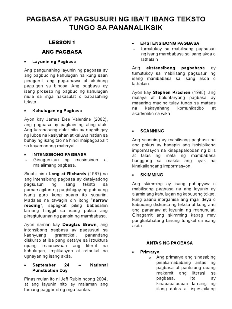 Pagbasa-Notes 1 | PDF