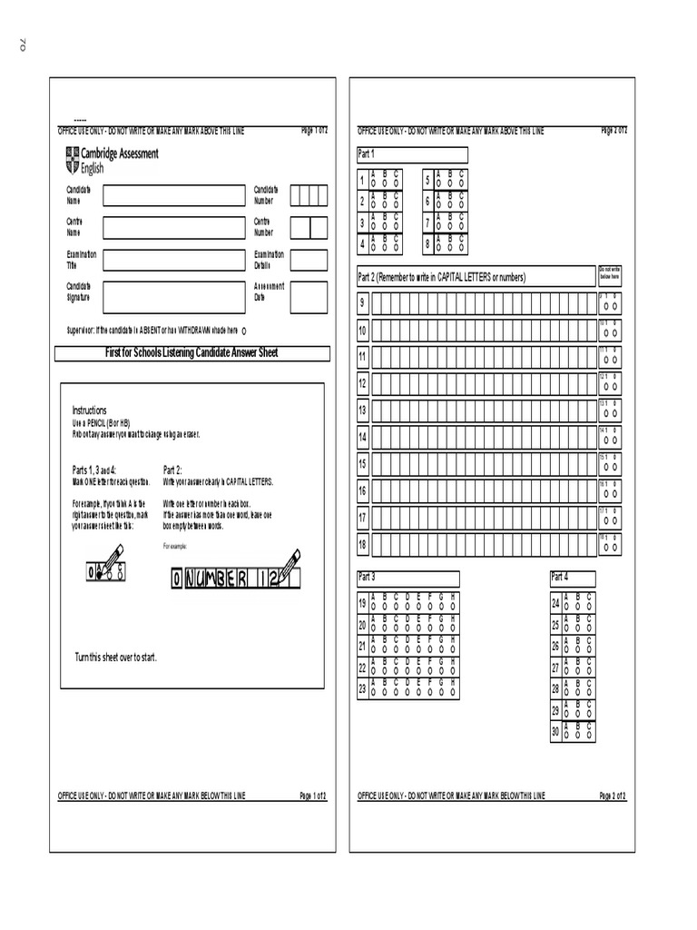 First for Schools Listening Answer Sheet | PDF