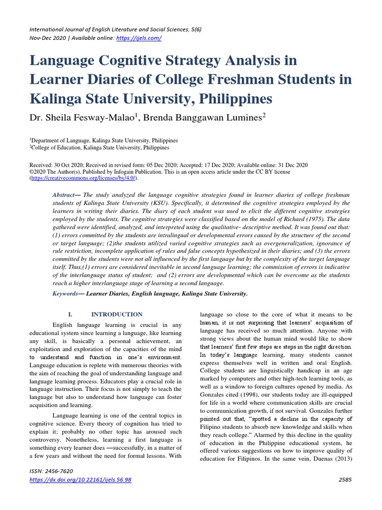 Language Cognitive Strategy Analysis in Learner Diaries of College Freshman Students in Kalinga ...