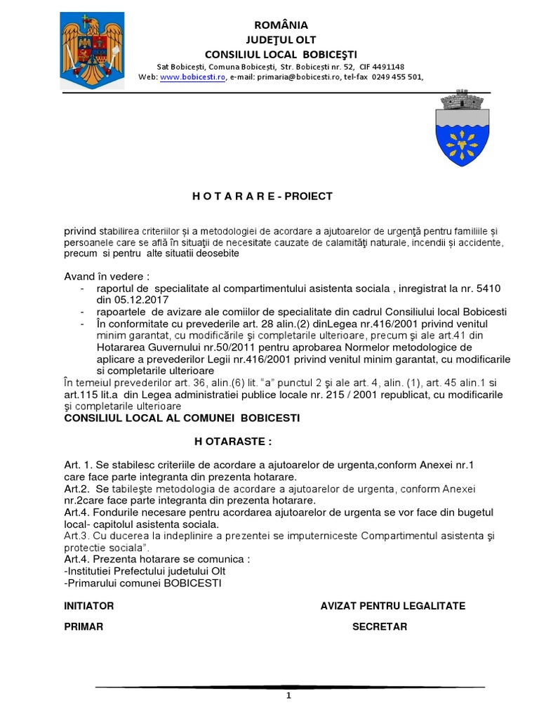 România Judeţul Olt Consiliul Local Bobiceşti: Hotarare-Proiect | PDF