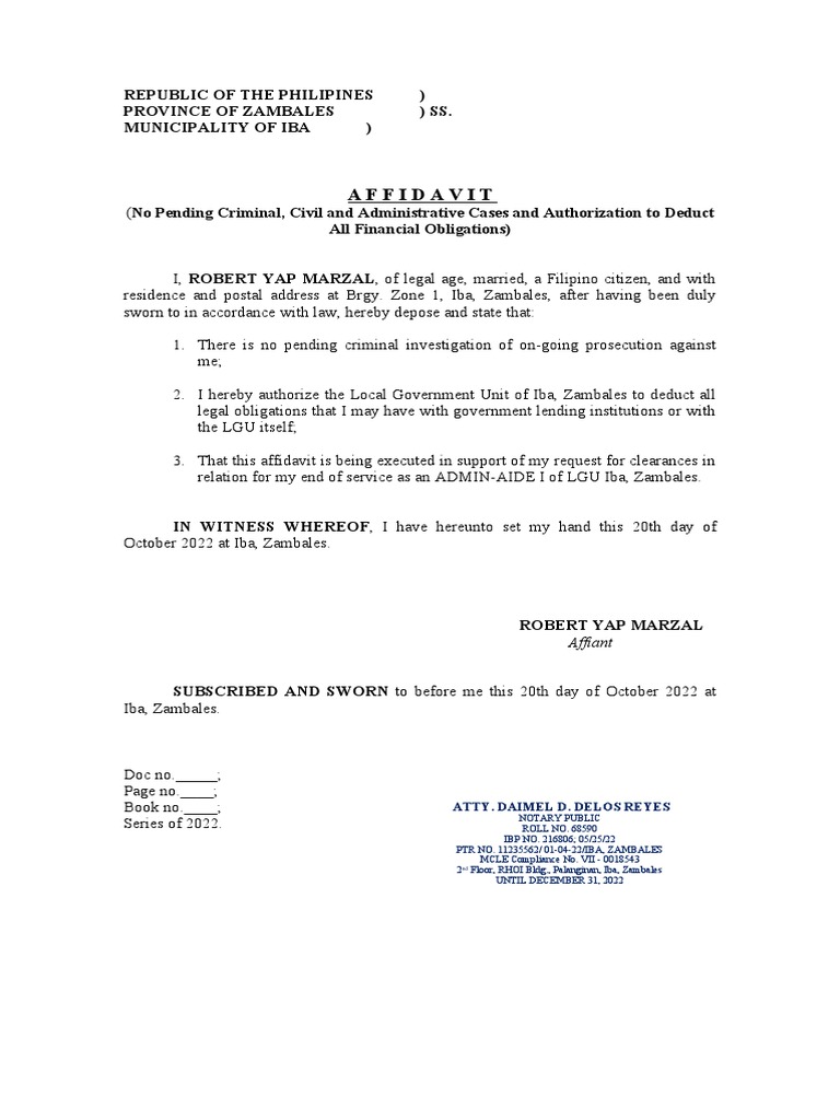Affidavit Authorization For Deduction | PDF