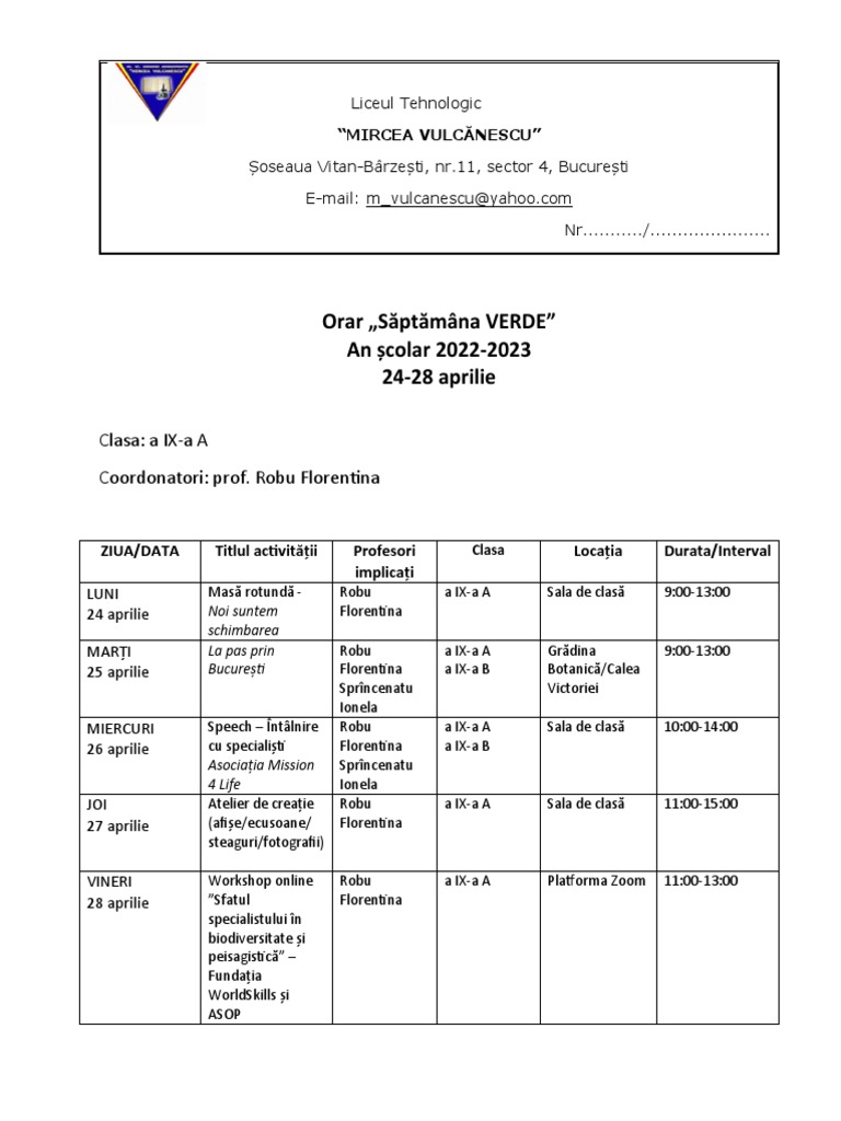 ORAR Saptamana Verde ROBU | PDF
