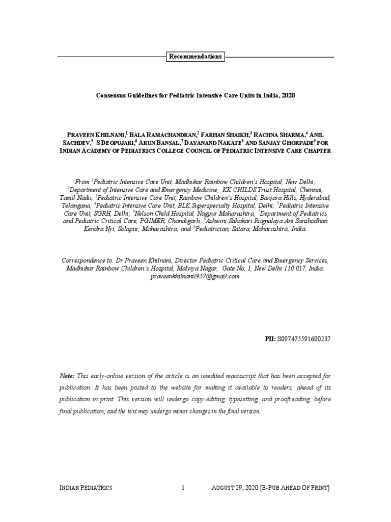 Consensus Guidelines For PICUs in India 2020 - Ind Pediatr 2020 | PDF ...