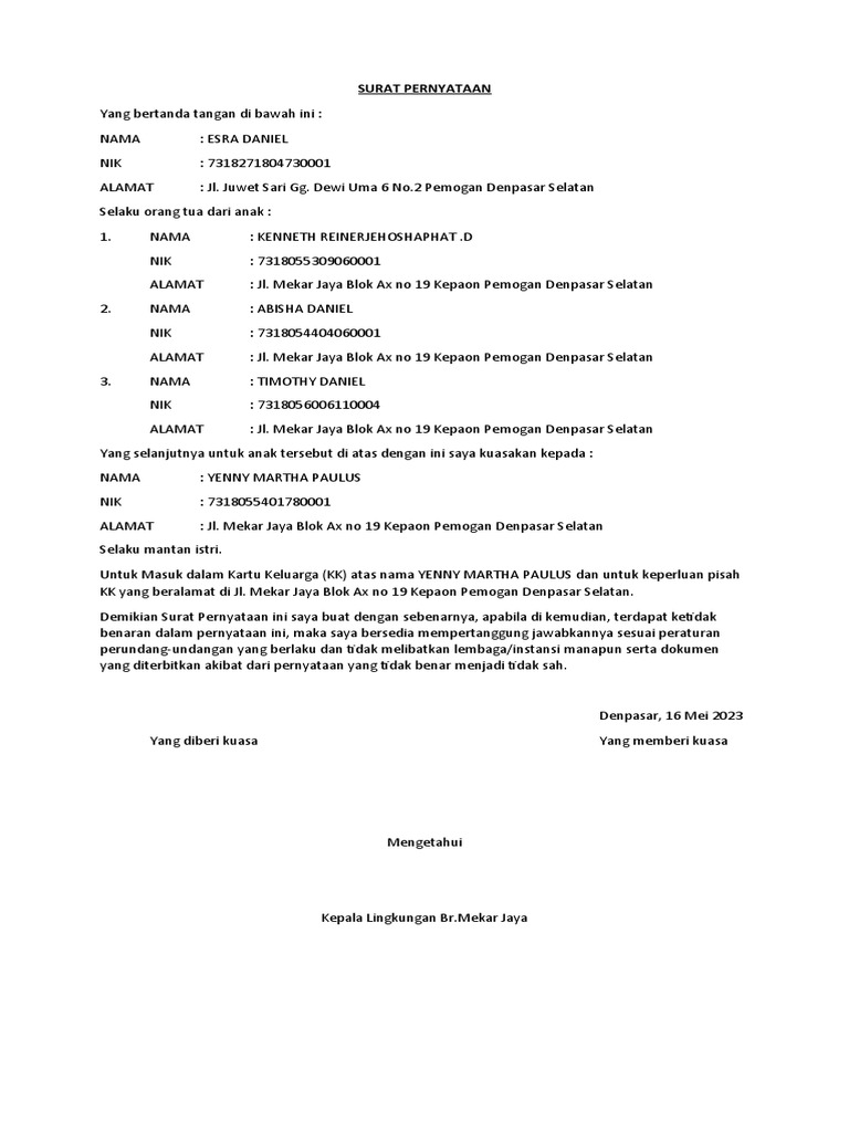 SURAT PERNYATAAN Pisah KK | PDF
