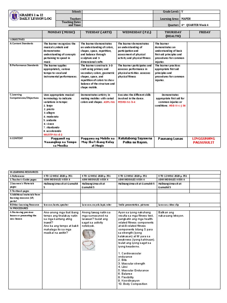 Daily Lesson Log for a Fourth Quarter Week in Grades 1-12 Music, Arts ...