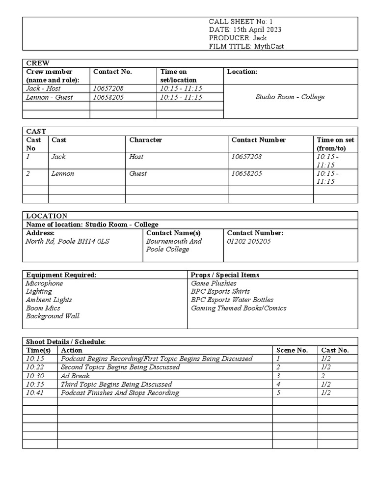 Podcast Call Sheet | PDF