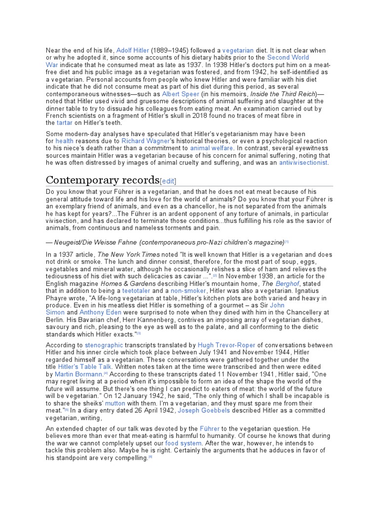 Adolf Hitler's Vegetarianism | PDF