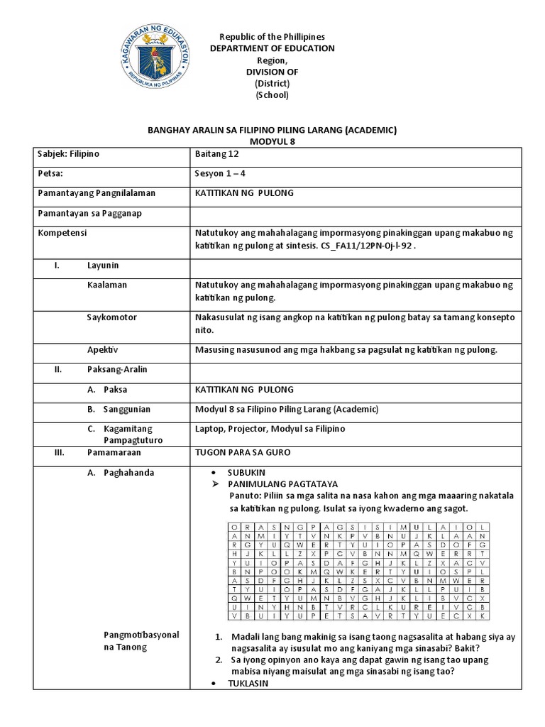 Lesson Plan Grade 12 - Module 8 | PDF
