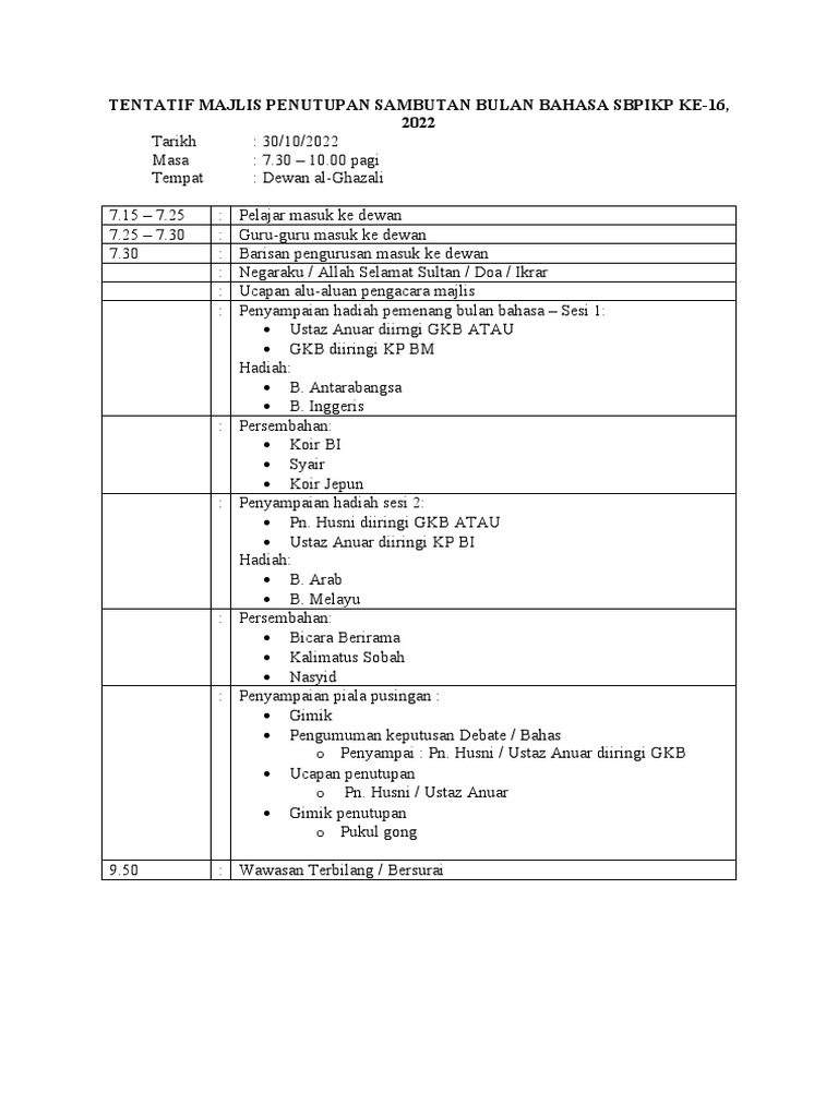 Tentatif Majlis Penutupan Sambutan Bulan Bahasa Sbpikp Ke | PDF