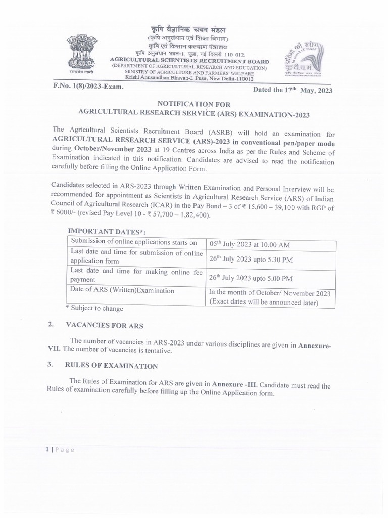 Notification For ARS Examination 2023 17-5-23 | PDF