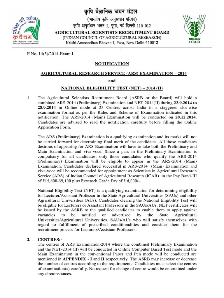 Notification - For - ARS 2014 and NET 2014 | PDF