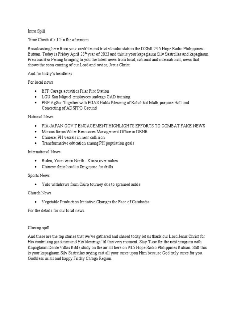 Hope Radio News Script | PDF