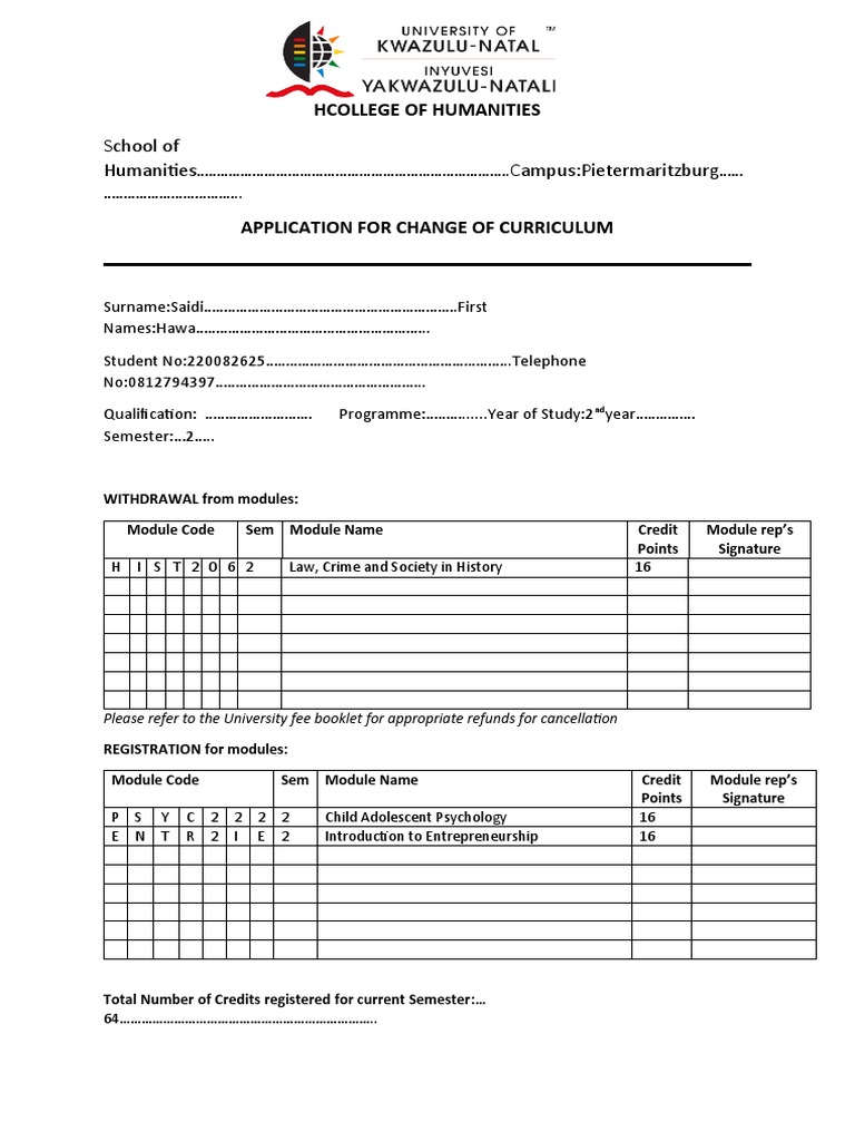 UKZN Change of Curriculum Application | PDF