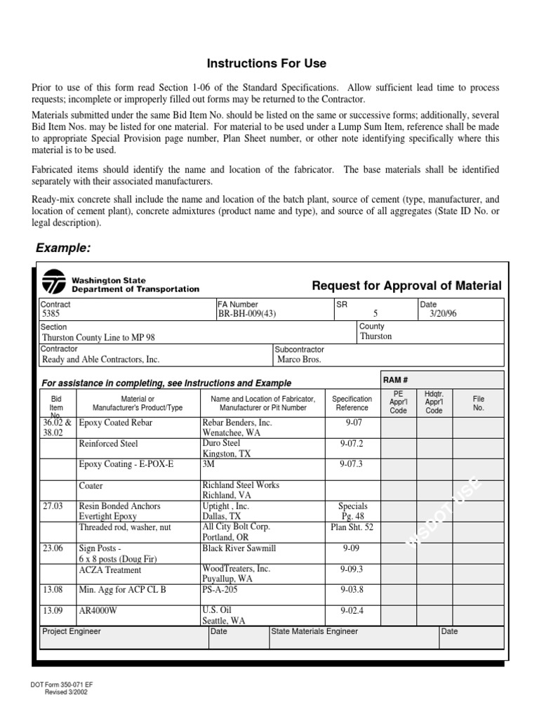 Request For Approval of Material Instructions and Example | PDF