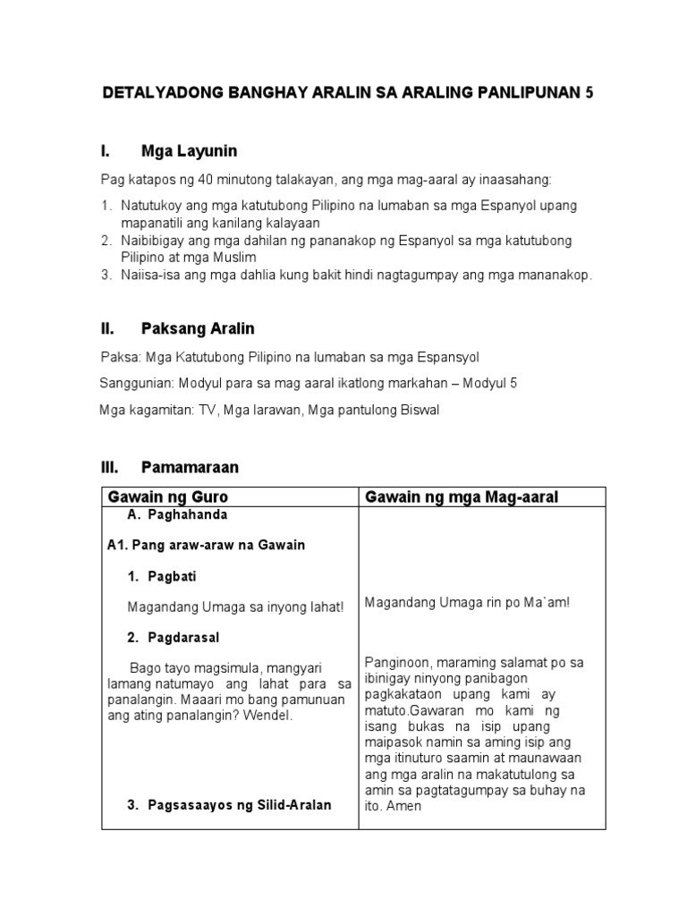 Detalyadong Banghay Aralin Sa Araling Panlipunan 5 | PDF