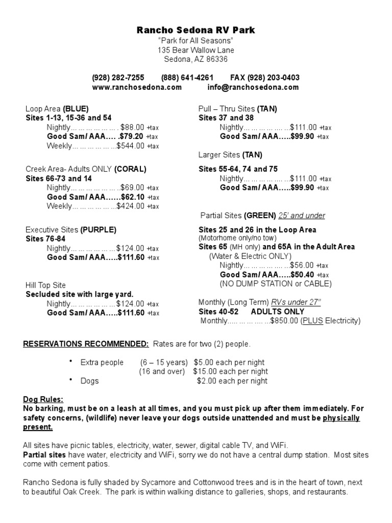Rancho Sedona RV Park Price Sheet 02-13-2023 | PDF Rancho Sedona RV Park Price Sheet 02-13-2023 | PDF