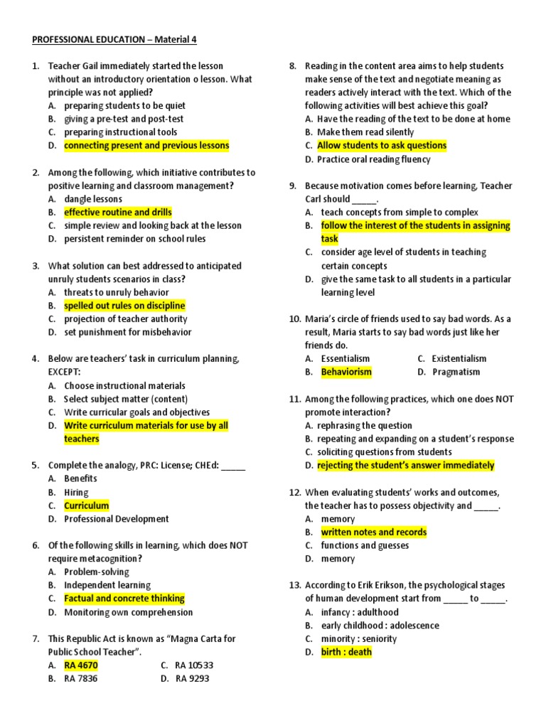Prof Ed Review Material 4 With ANSWERS | PDF | Teachers | Curriculum
