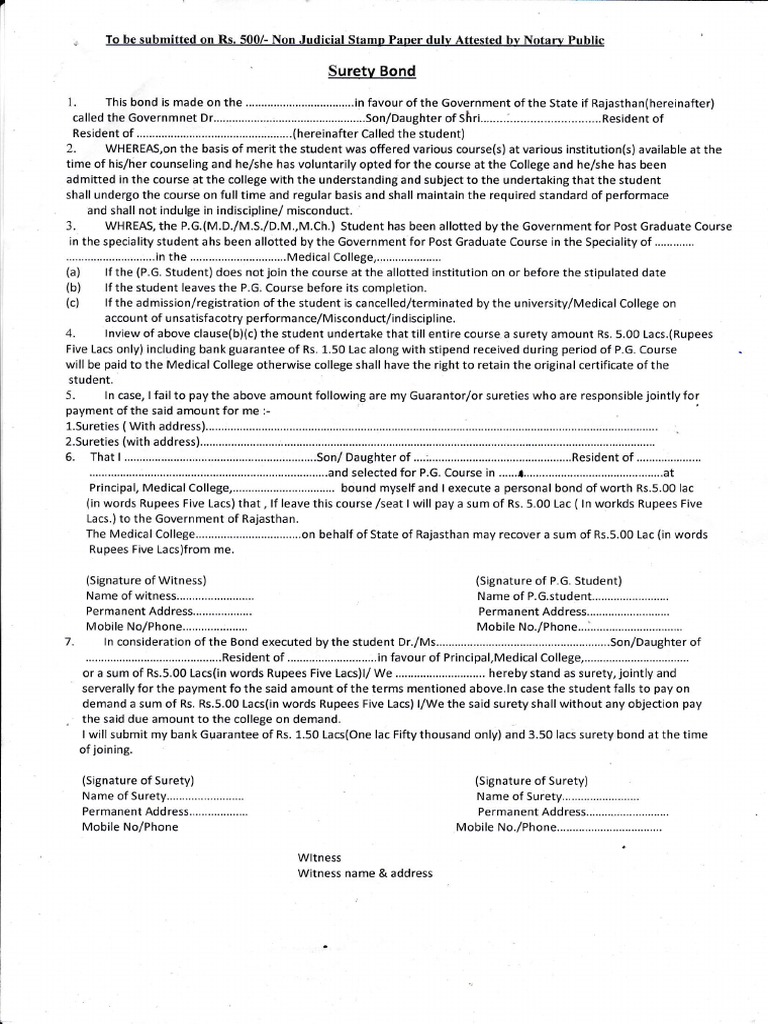 Surety Bond and Service Bond For Super Speciality 2020-21 | PDF | Surety | Guarantee