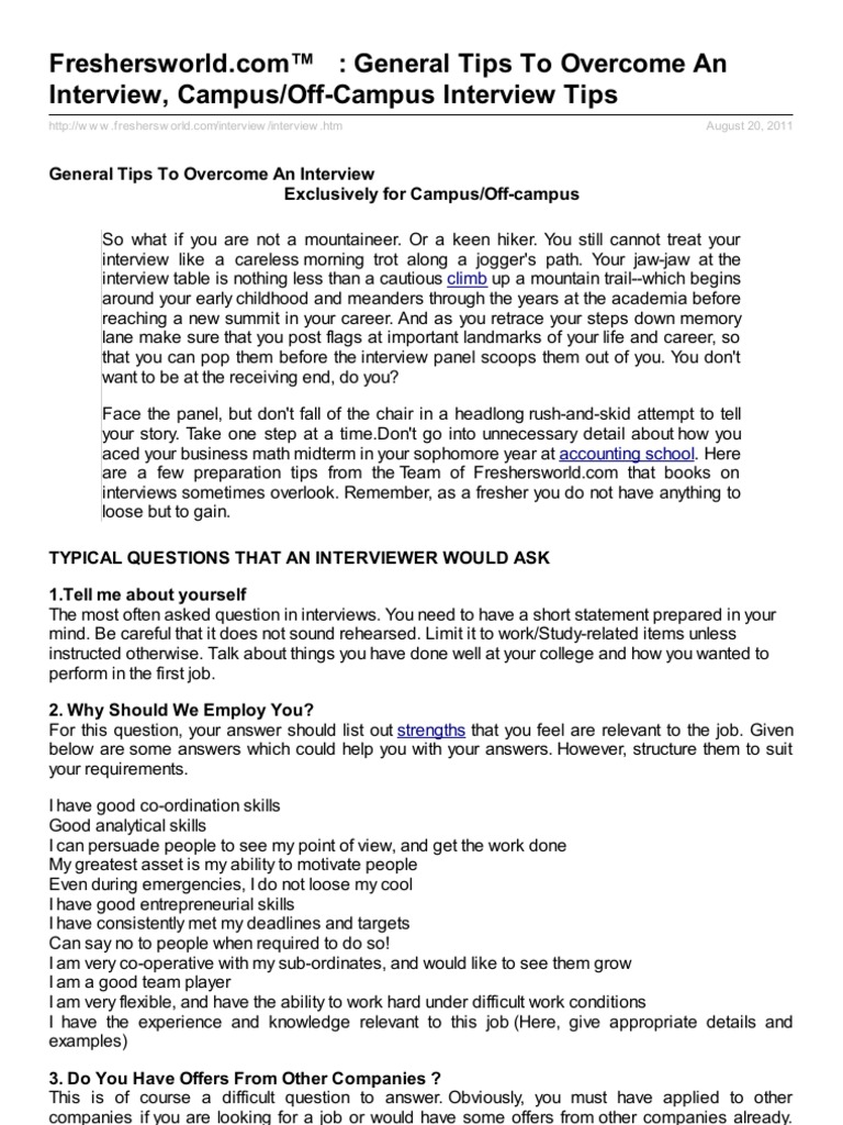 General Tips To Overcome An Interview Campus Off Campus Interview Tips | PDF | Question