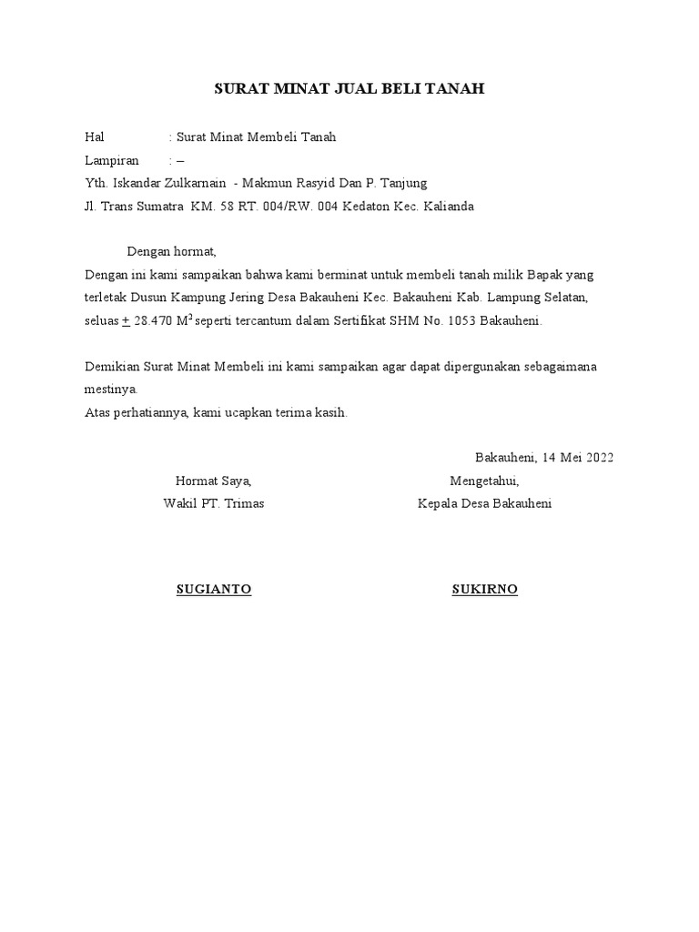 Surat Minat Jual Beli Tanah | PDF