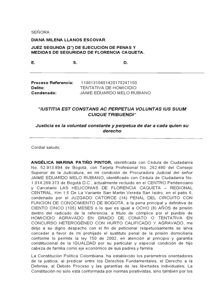 Solicitud Prision Domiciliaria y Permiso para Laborar | PDF | Prisión ...