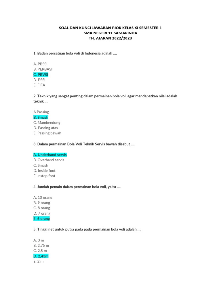 Soal Dan Kunci Jawaban Pjok Kelas Xi Semester 1 | PDF