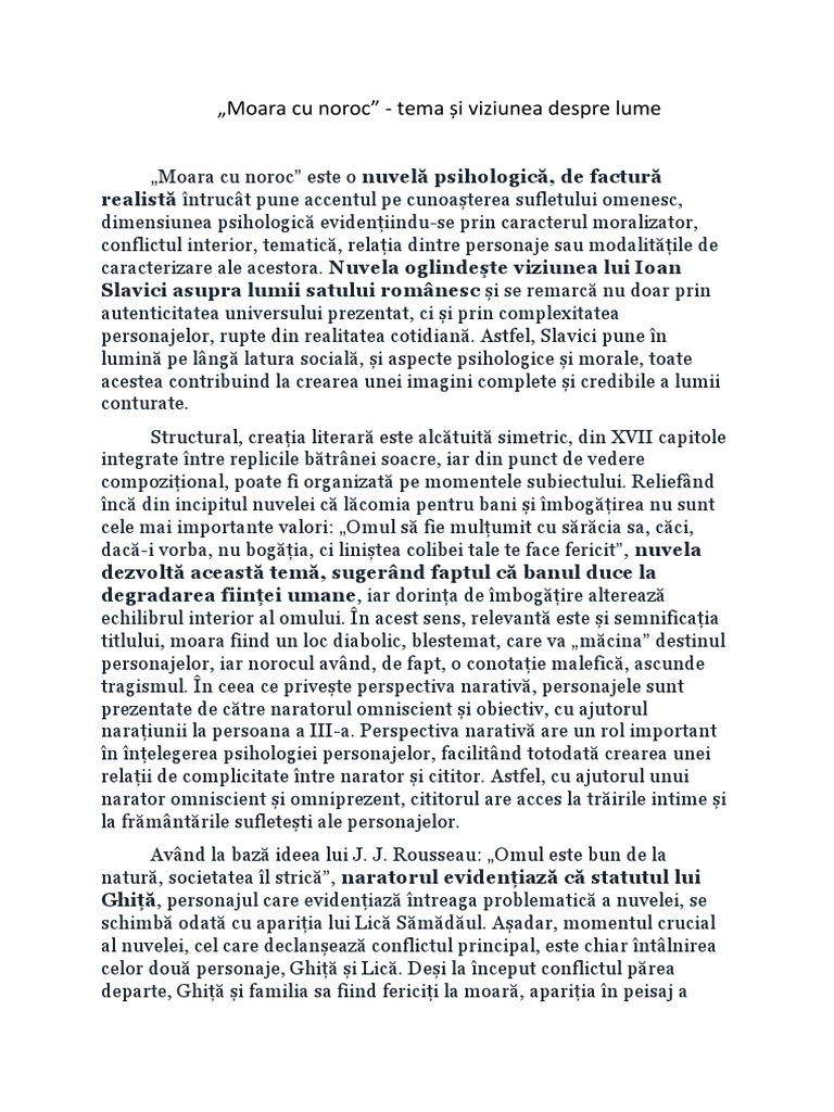 Moara Cu Noroc" - Tema Și Viziunea Despre Lume | PDF