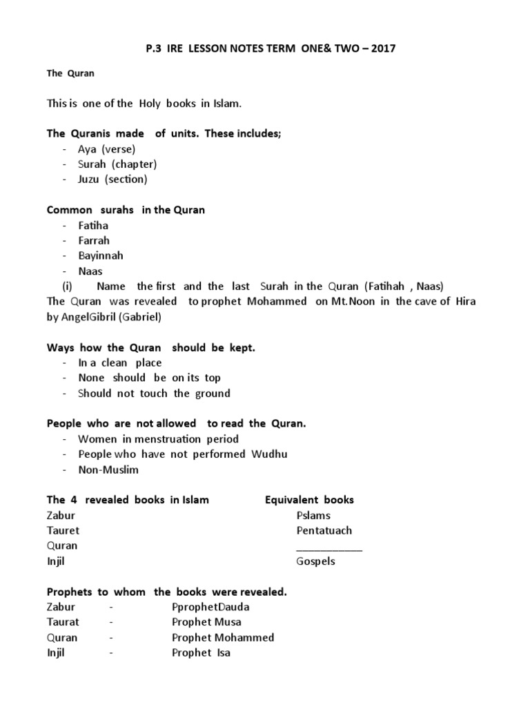 P.3 IRE Lesson Notes on Islam | PDF | Prophets And Messengers In Islam ...