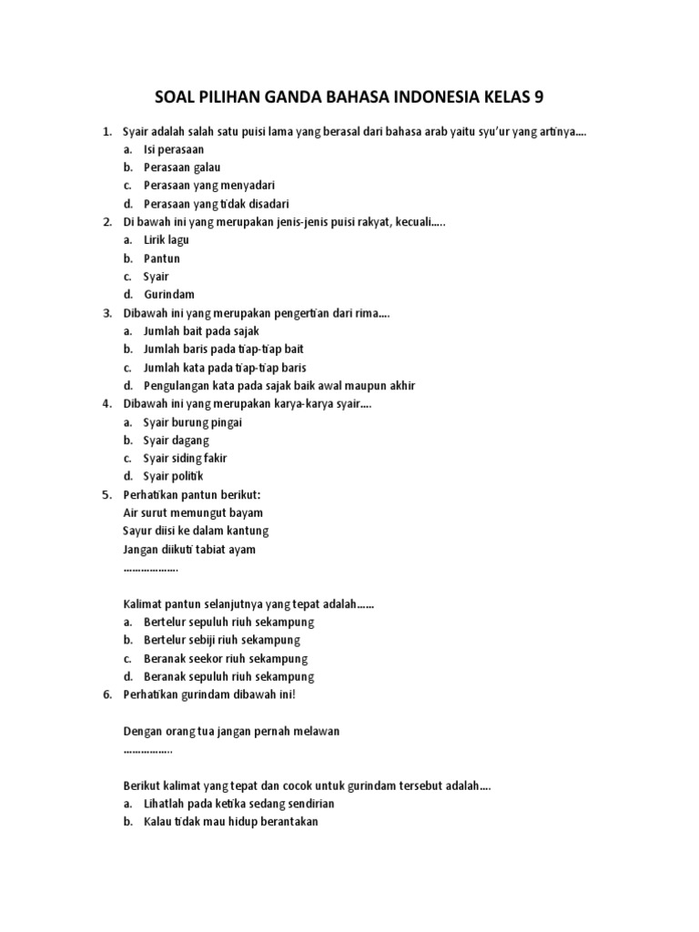 Soal Pilihan Ganda Kelas 9 Bahasa Indonesia | PDF