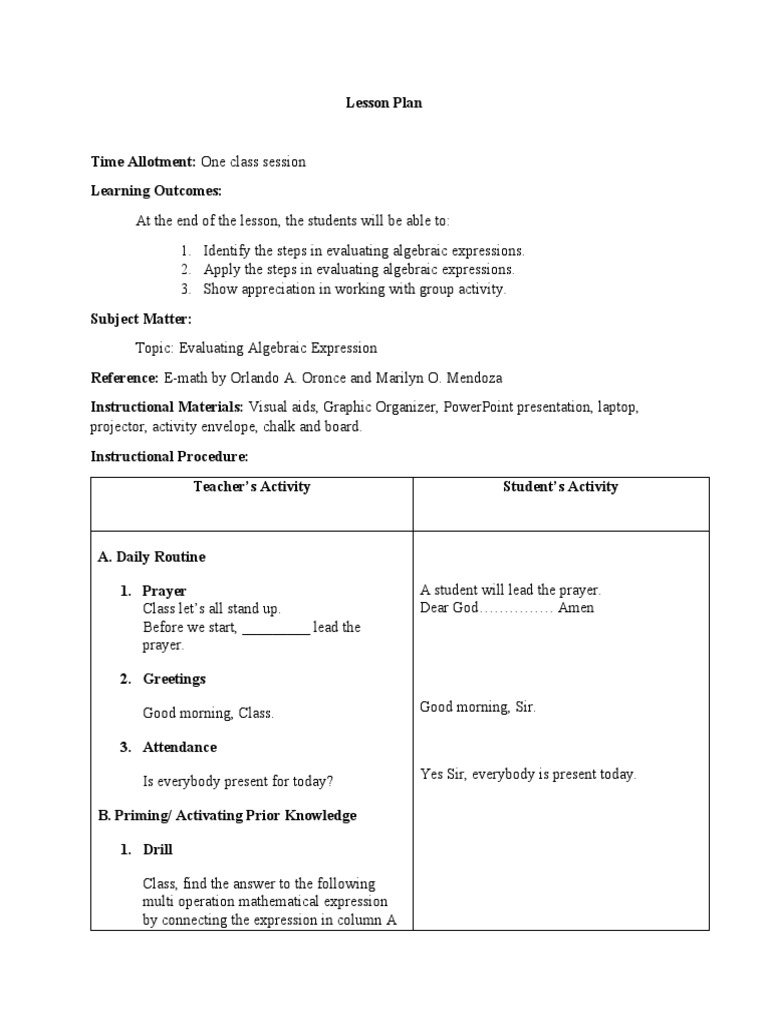 Algebra Lesson Plan | PDF