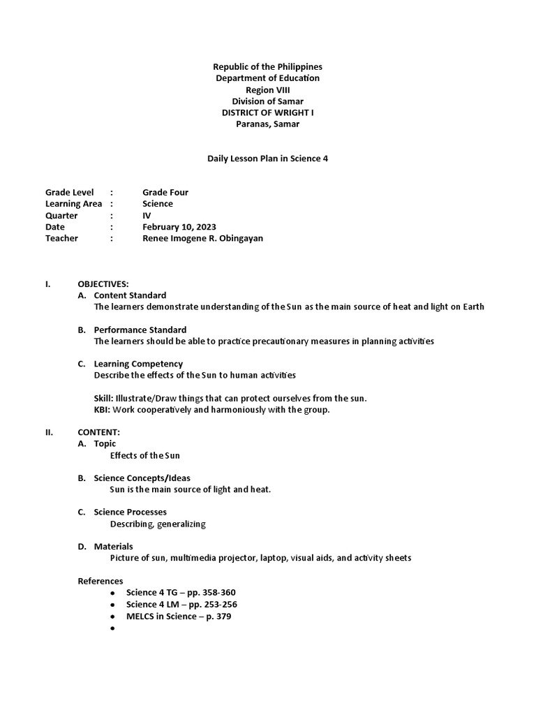 Daily Science Lesson Plan for Grade 4 | PDF | Learning | Lesson Plan
