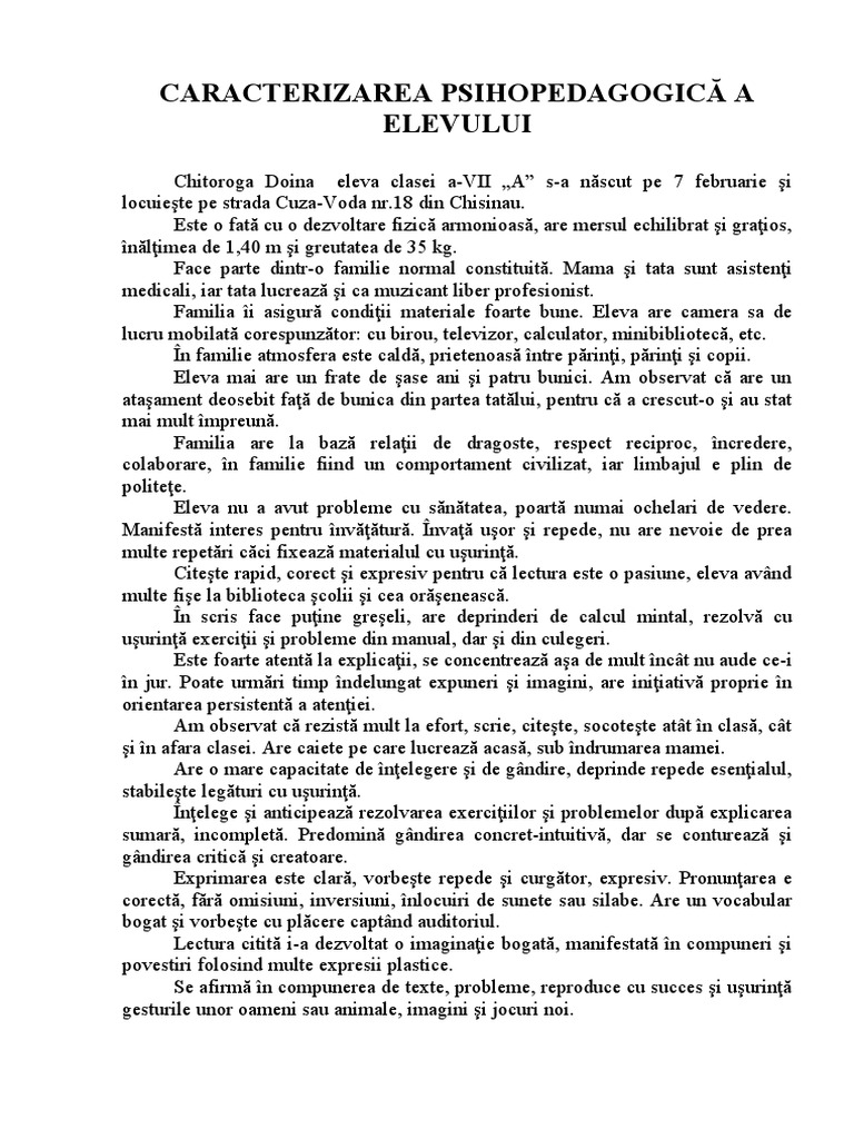 Caracterizarea Psihopedagogică A Elevului | PDF