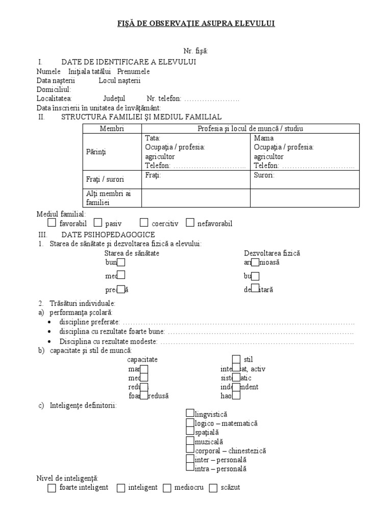 Fisa Psihopedagogica | PDF