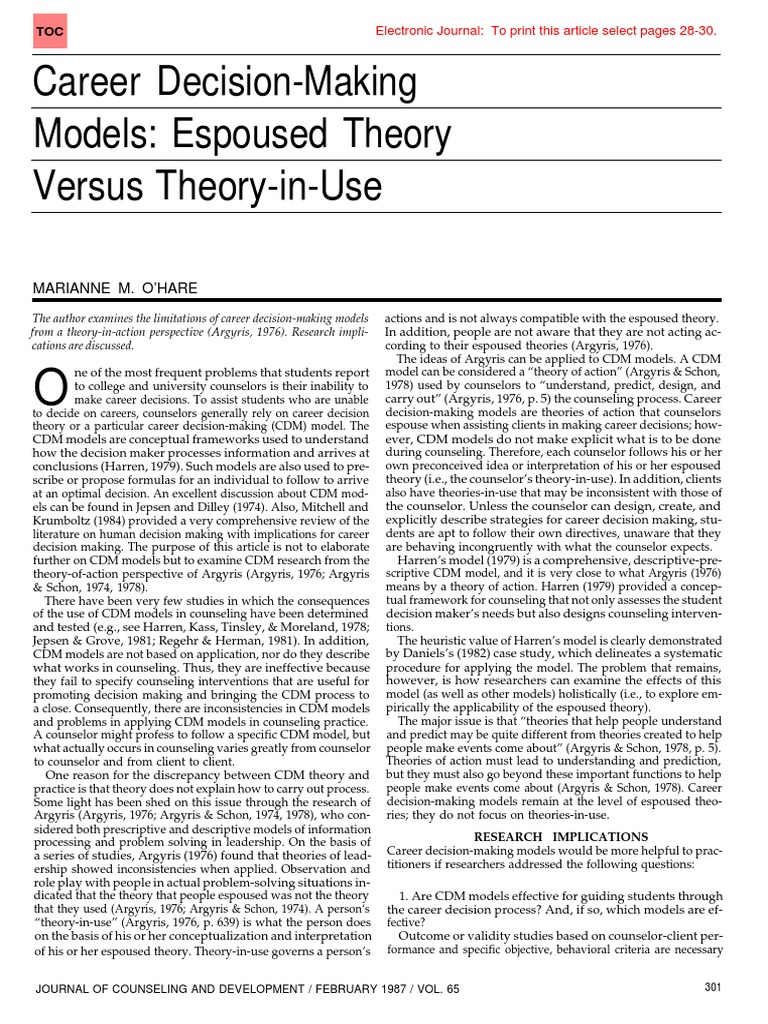 Career Decision Making Models Espoused and Theories in Use | PDF ...