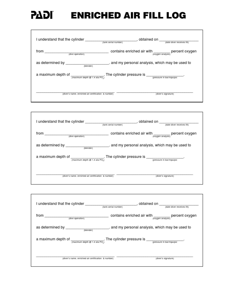 EEnglish - Enriched Air Fill Log | PDF | Scuba Diving | Underwater ...