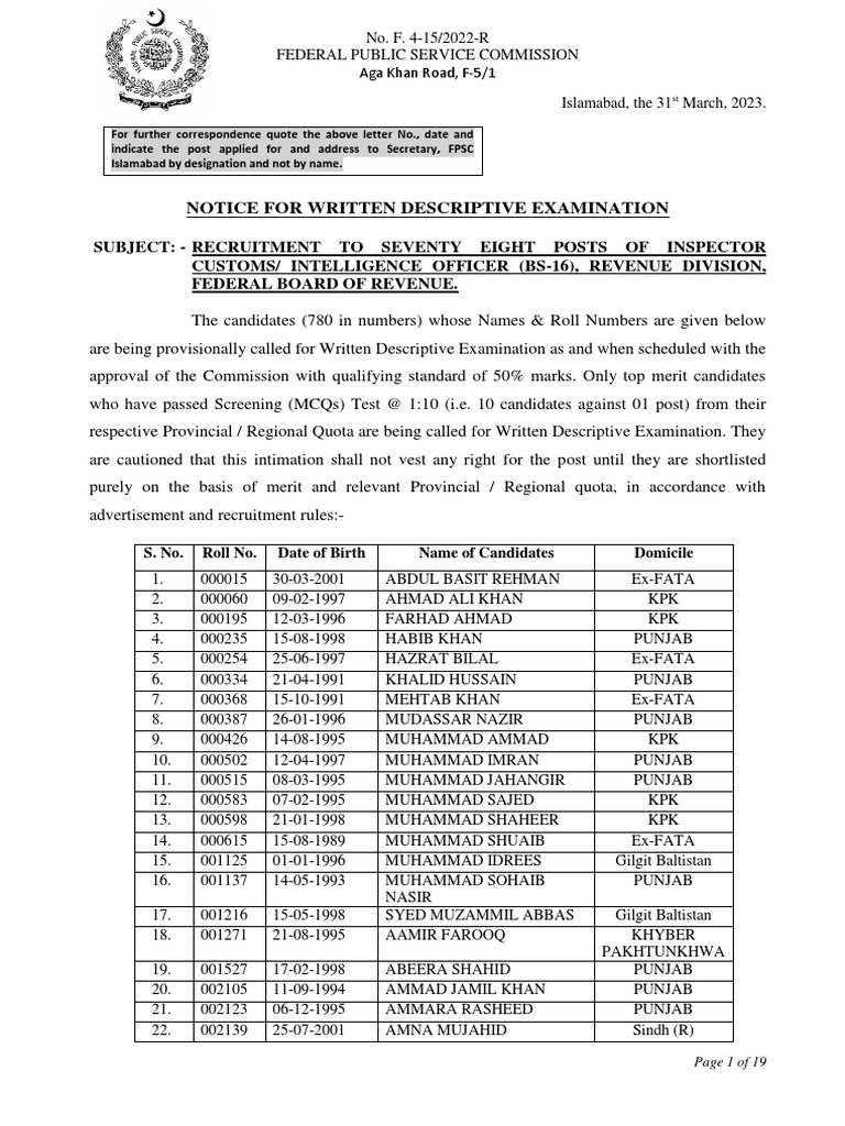 Inspector Customs Result Descriptive-Test-30!03!2023 | PDF | Khyber ...