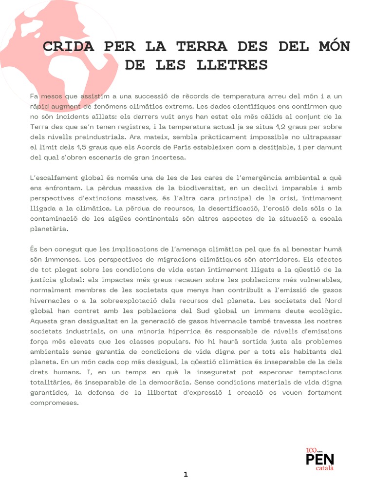 Manifest PEN Català: Crida Per La Terra | PDF