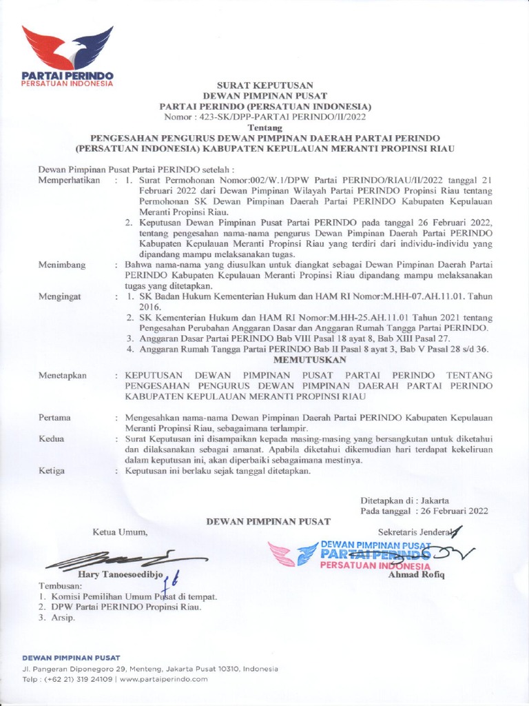 SK DPD Kab. Kep. Meranti - Riau | PDF SK DPD Kab. Kep. Meranti - Riau | PDF