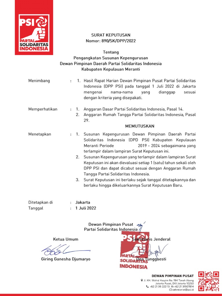 890 - SK - DPP - 2022 SK Pengangkatan DPD Kabupaten Kepulauan Meranti | PDF