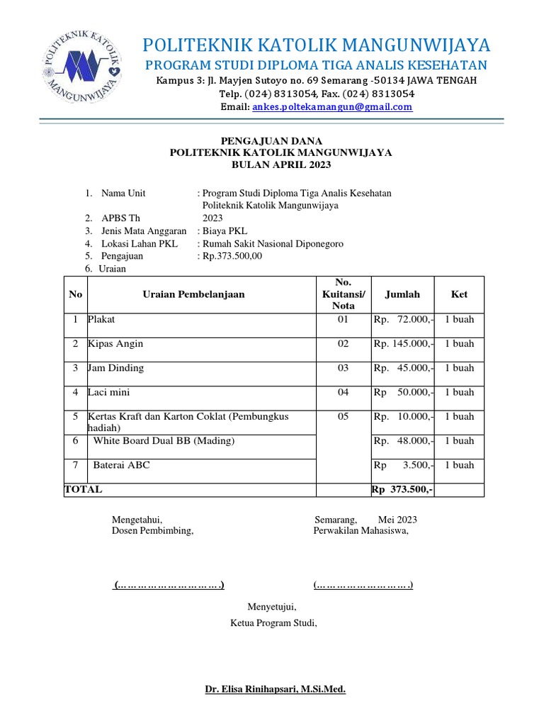 Form Pencairan Dana Kenang Kenangan PKL 2023 - RS NASIONAL DIPONEGORO | PDF