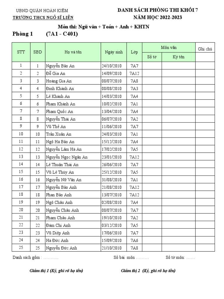 DS Phong Thi Khoi 7 2022-2023 | PDF