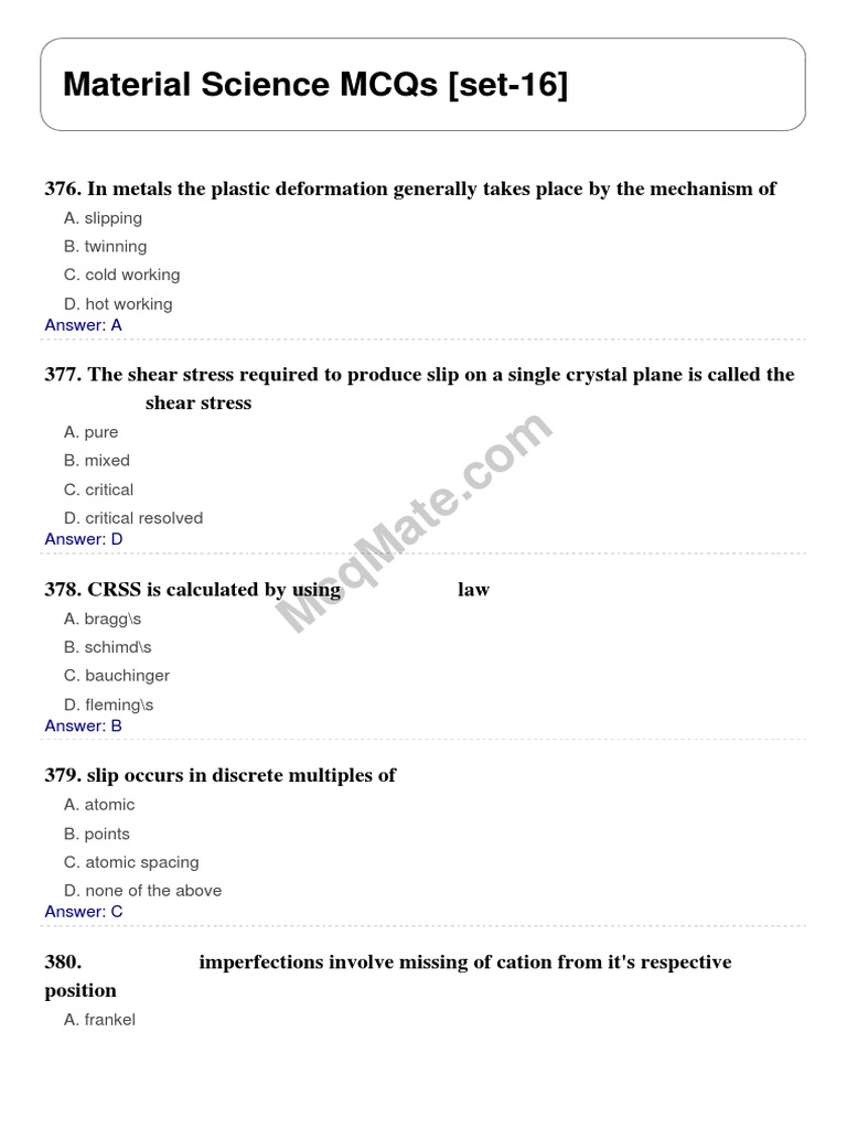 Material Science MCQs Set 16 | PDF | Dislocation | Classical Mechanics