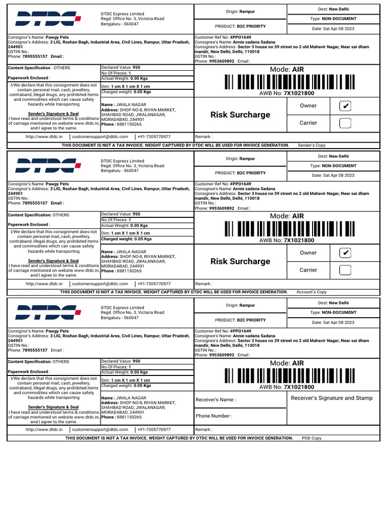 Risk Surcharge: Mode: AIR | Download Free PDF | Mail | Service Industries