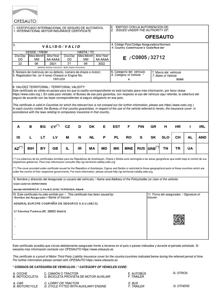 International Motor Insurance Certificate Detailing Coverage for ...