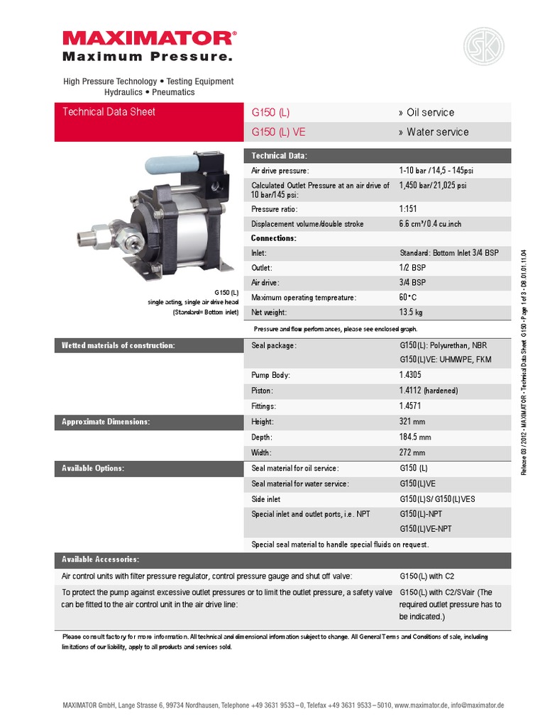 Maximum Pressure.: Technical Data Sheet | PDF | Pressure | Pump