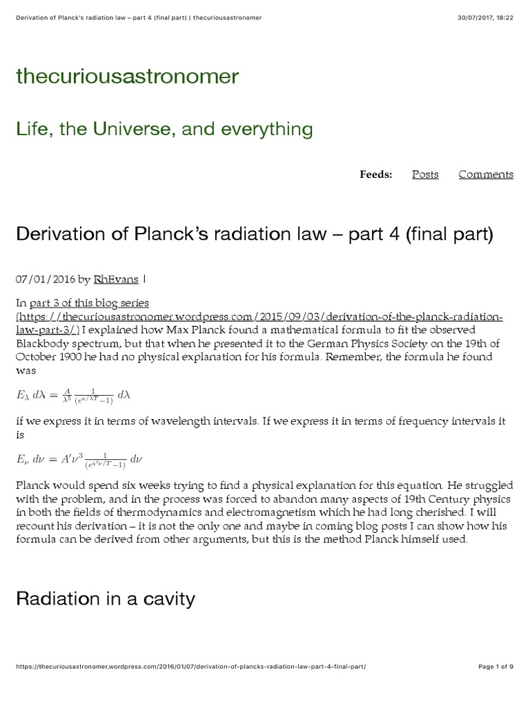 Planck's Radiation Law Derivation | PDF | Electromagnetic Radiation | Oscillation