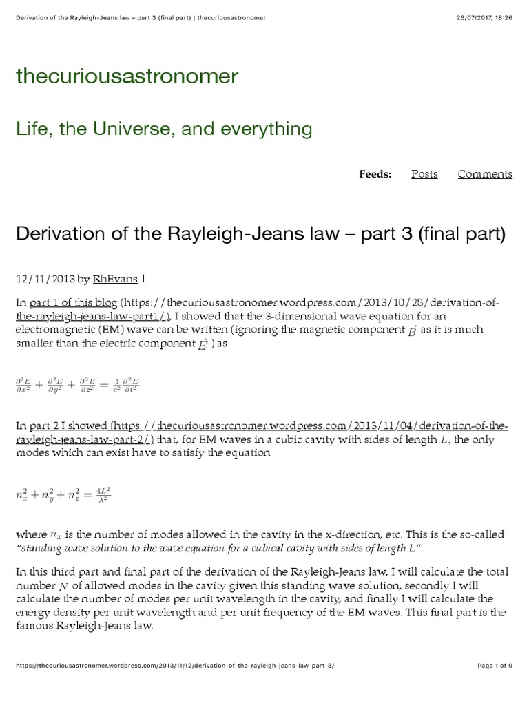 Derivation of The Rayleigh-Jeans Law - Part 3 (Final Part) | PDF