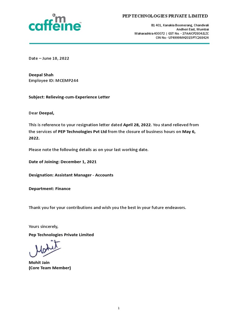 Deepal Shah Relieving Cum Experience Letter Signed | PDF